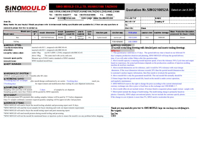 !!!mould Quotation With 1 Cavity SINO210052A PDF | PDF | Business | Nature