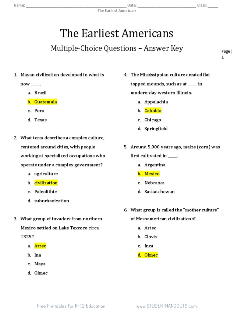 Earliest Americans Multiple Choice Questions Worksheet Answer Key | PDF ...