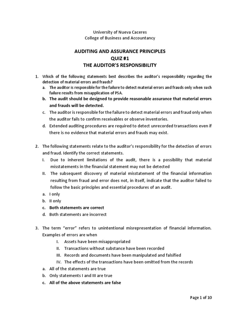 Quiz 1 Auditor's Responsibility | PDF | Internal Control | Audit