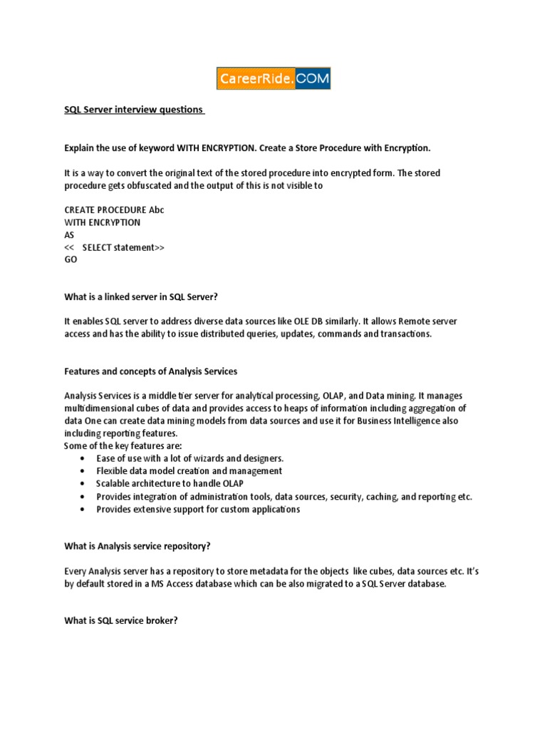 Sql Server Interview Questions Explain The Use Of Keyword With Encryption Create A Store