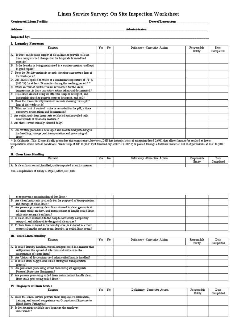 Linen Service Survey: On Site Inspection Worksheet: I. Laundry ...
