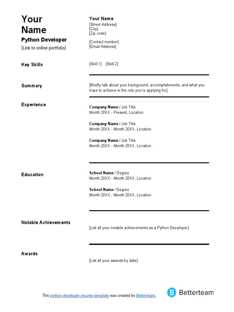 Python Developer Resume Template | PDF
