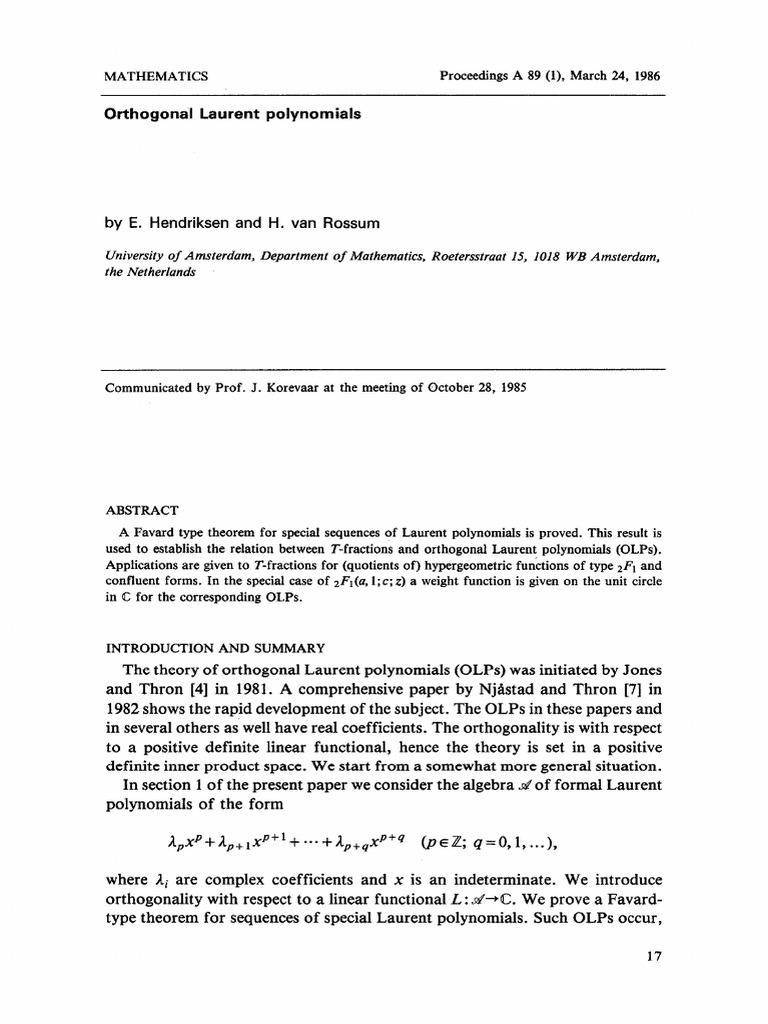 Orthogonal Laurent Polynomials | PDF | Polynomial | Algorithms