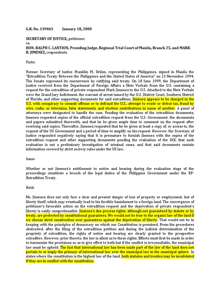 Secretary of Justice Vs Lantion - Case Digest | PDF | Extradition | Policy