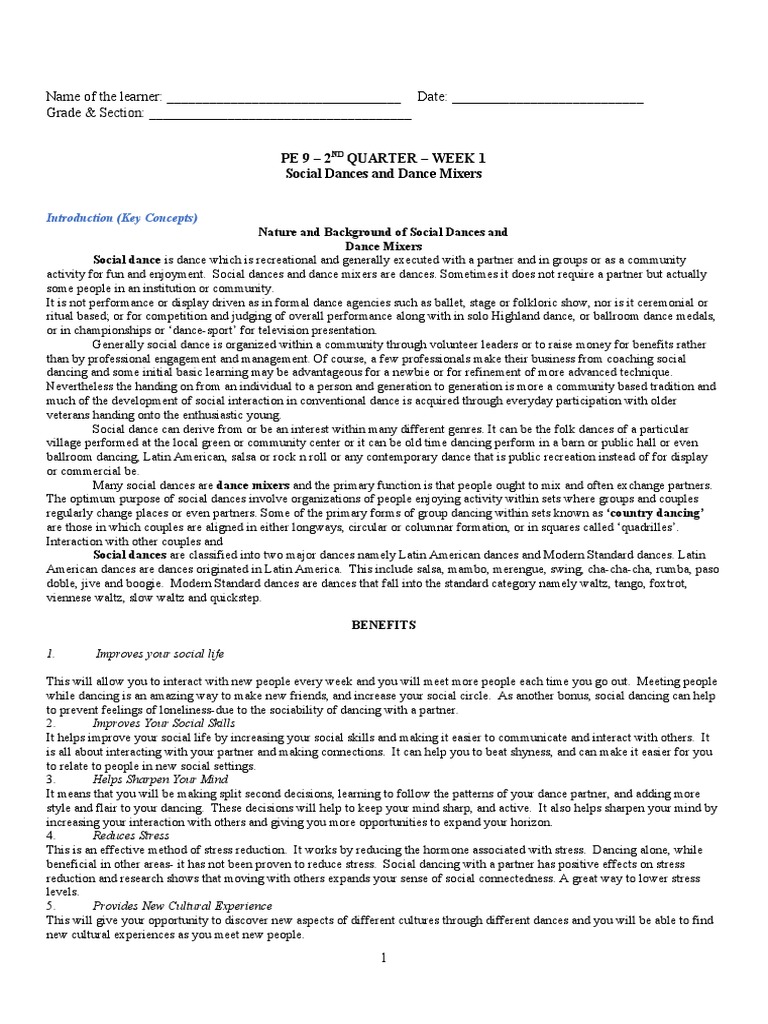 Pe - Week 1 | PDF | Dances | Physical Fitness