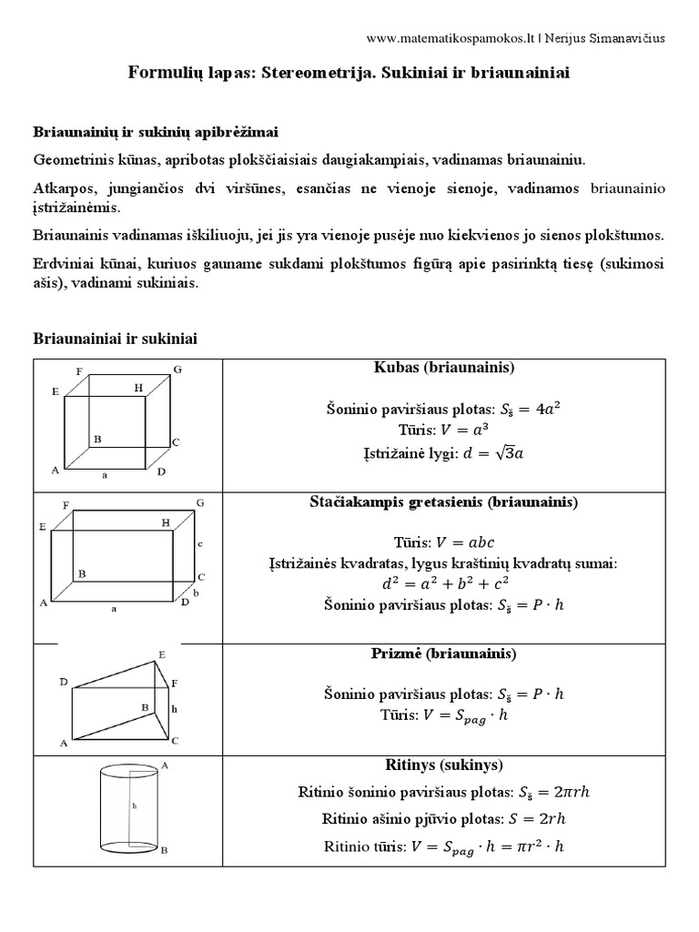 Formuliu Lapas Stereometrija. Sukiniai Ir Briaunainiai | PDF