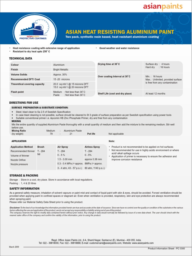 Asian Heat Resisting Aluminium Paint: Technical Data | PDF | Paint ...