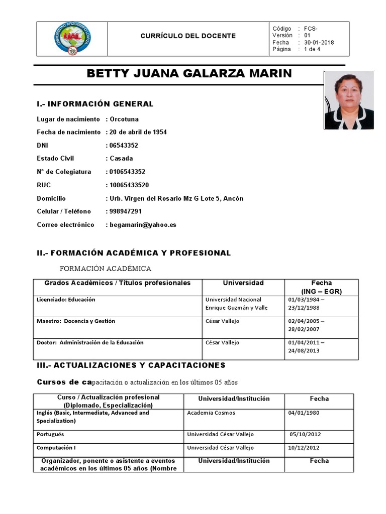 CV Betty Juana Galarza Marin | PDF | Universidad | La naturaleza humana