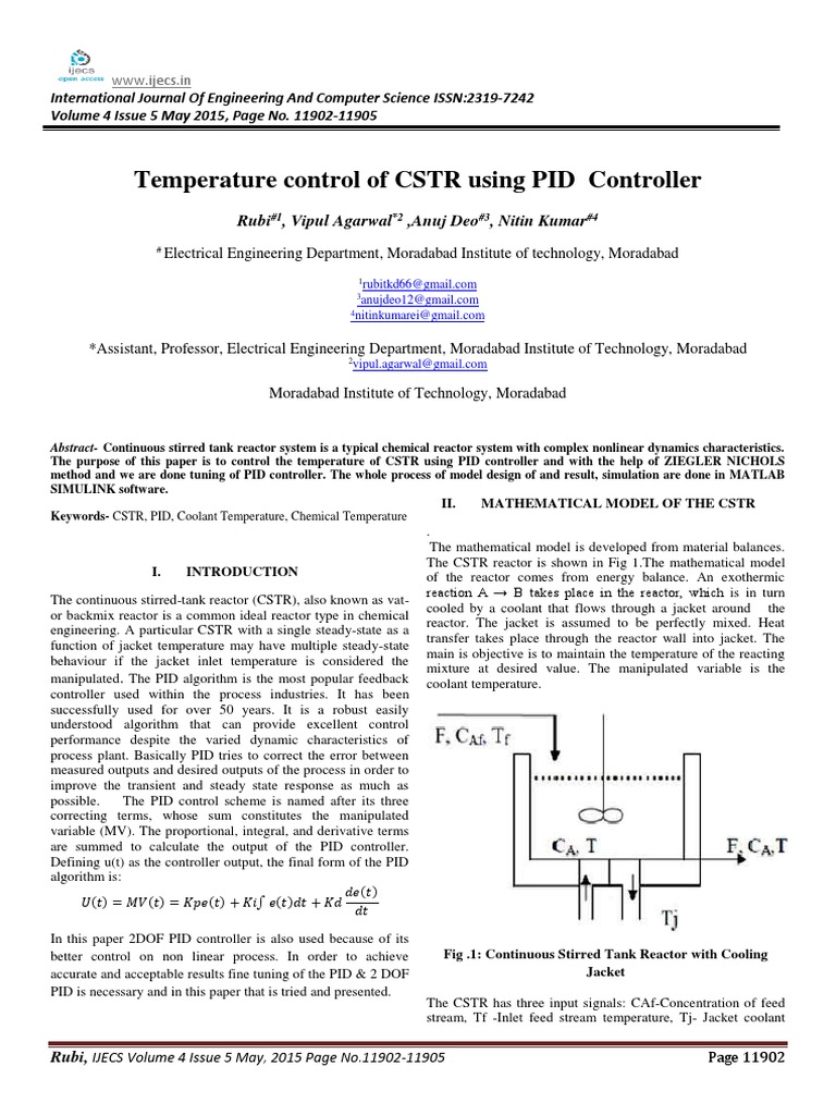 Temperature Control of CSTR Using PID Controller: Rubi, Vipul Agarwal, Anuj Deo, Nitin Kumar ...