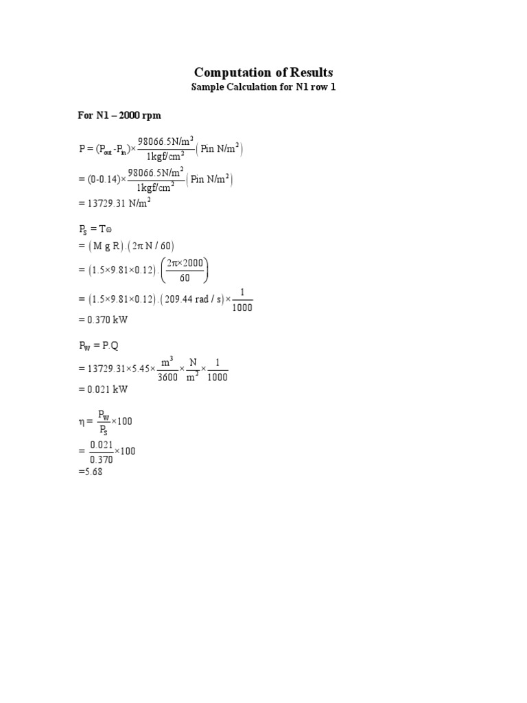 Computation of Results: Sample Calculation For N1 Row 1 For N1 - 2000 ...