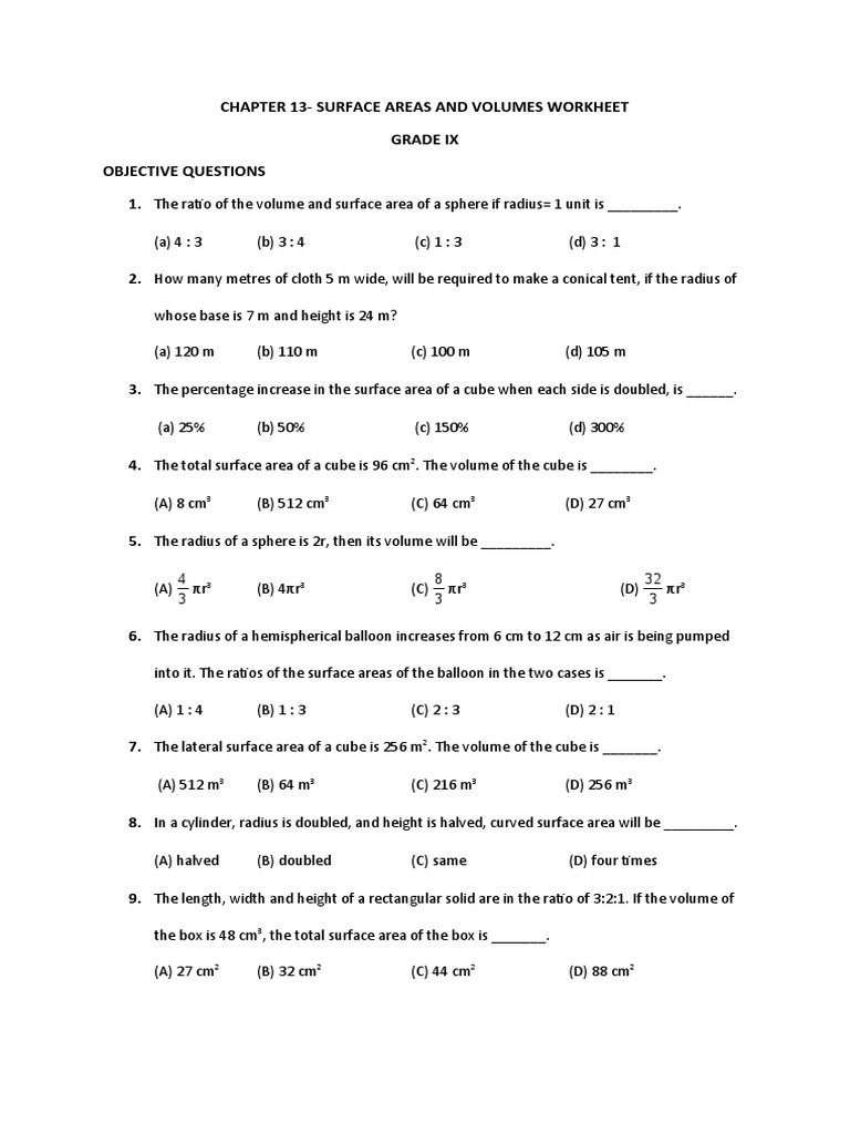 Surface Area and Volume Worksheet | PDF | Volume | Area