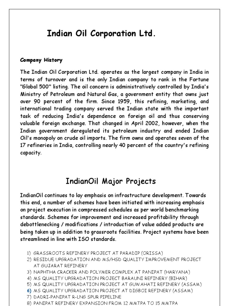 History of Indian Oil Corporation | PDF | Distillation | Oil Refinery