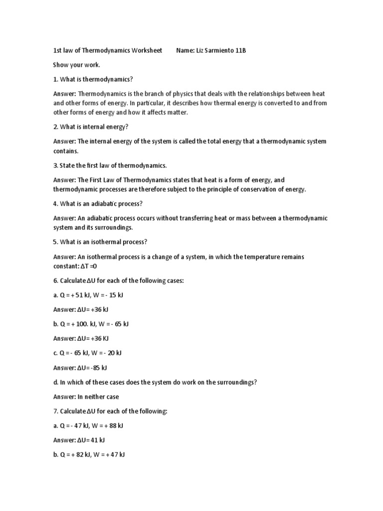 1st Law of Thermodynamics Worksheet | PDF