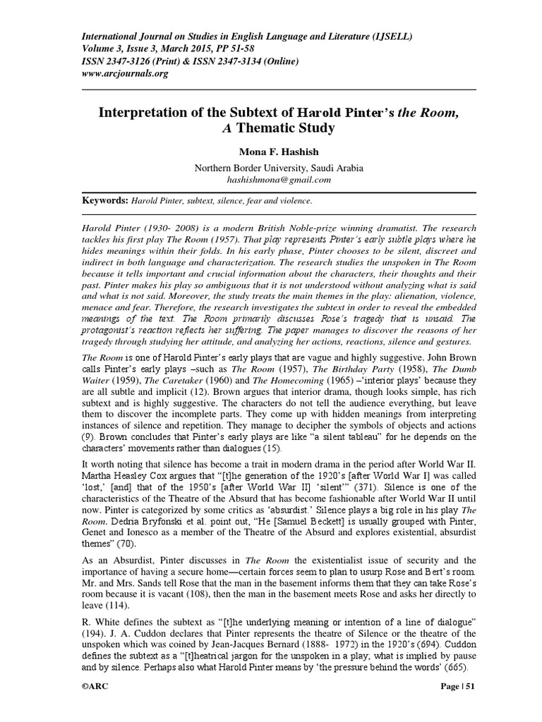 Interpretation of The Subtext of Harold Pinter's The Room, A Thematic ...