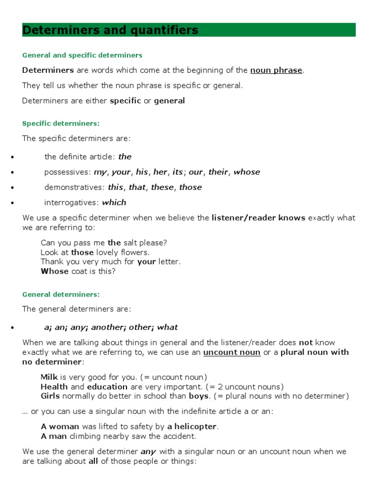 2 - Determiners and Quantifiers | PDF | Noun | Grammatical Number