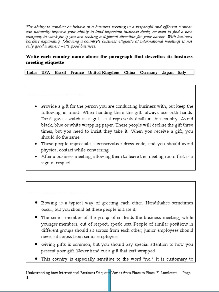 Activity III International Business Meeting Etiquette - Copie ...