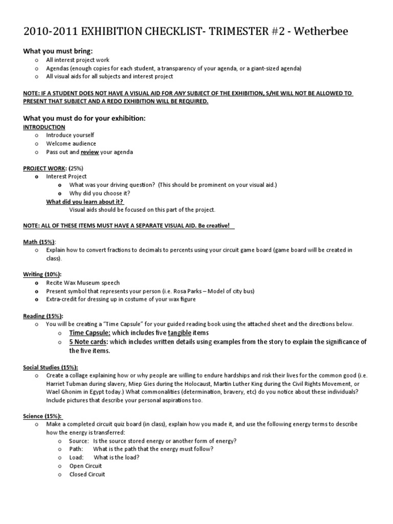 10-11 Exhibition Checklist TRIMESTER 2 | PDF | Learning