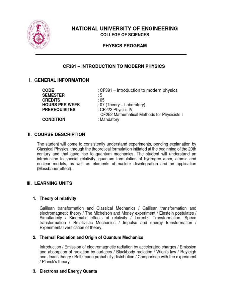 N105 CF381 Introduction To Modern Physics | PDF | Schrödinger Equation ...