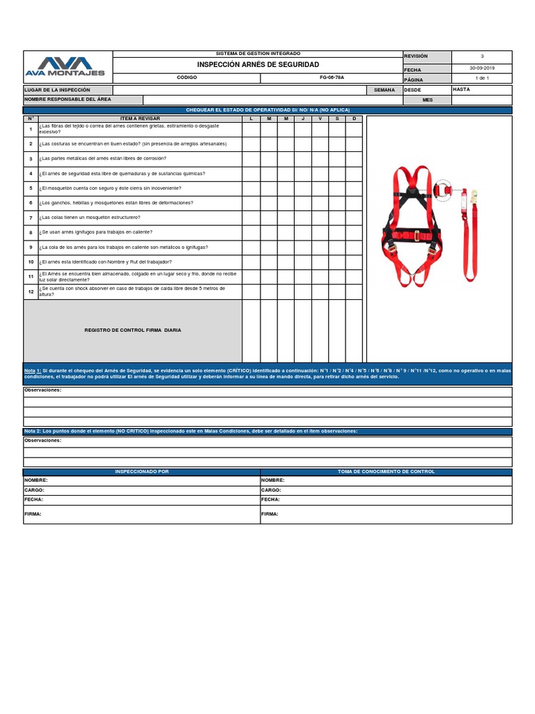 FG-06-78A Check List Arnés de Seguridad Semanal Rev 3 PDF | PDF ...