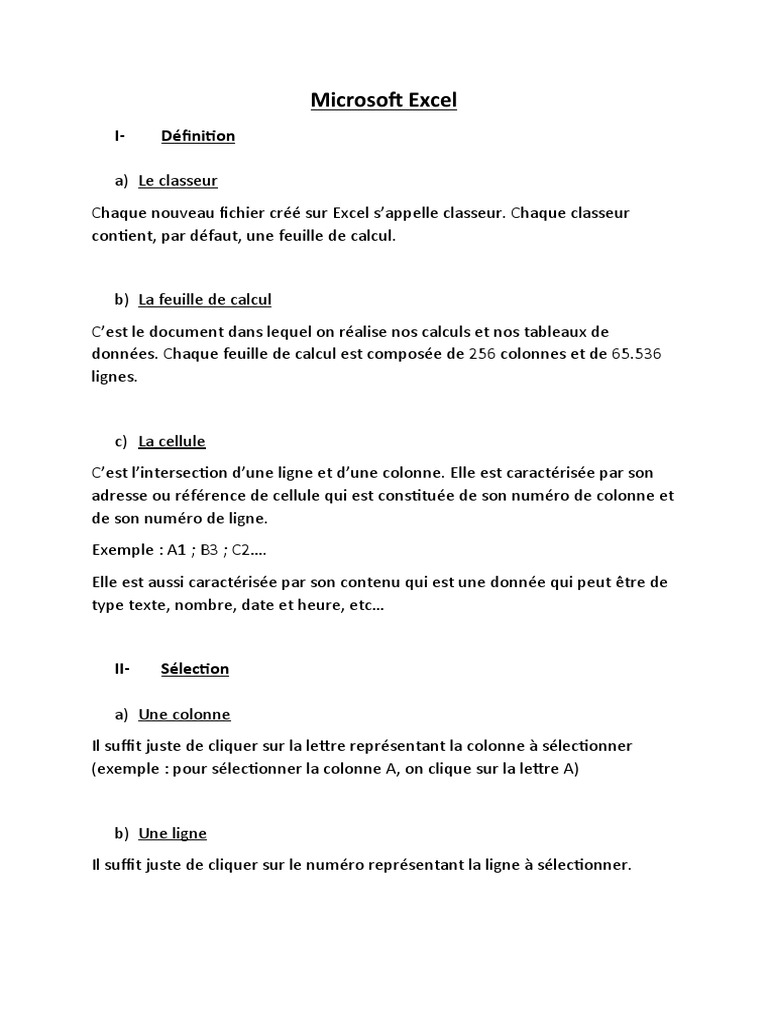Microsoft EXCEL - 1er Cours Informatique MHI2 | PDF | Microsoft Excel | Feuille de calcul