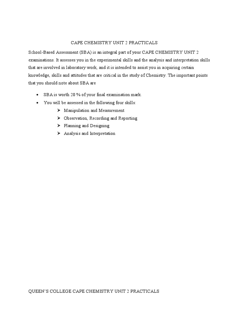 Cape Chemistry Unit 2 Practicals PDF | PDF | Titration | Chemistry