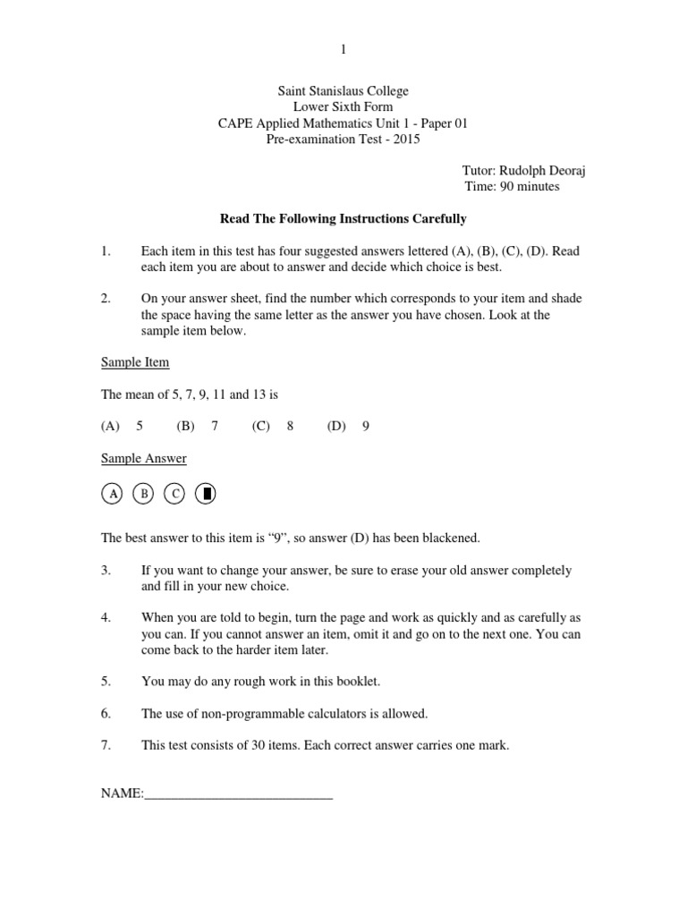 CAPE Applied Mathematics Test 2015 | PDF | Mean | Statistical Significance