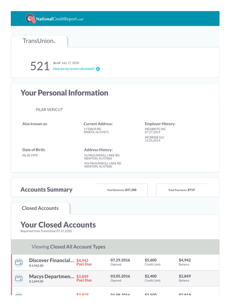 TransUnion Credit Report Overview | PDF | Money | Debt