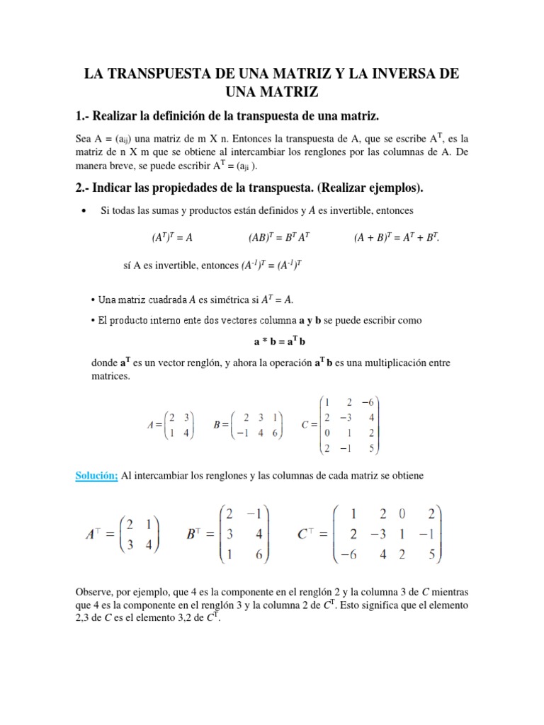 La Transpuesta de Una Matriz y La Inversa de Una Matriz | PDF | Matriz ...