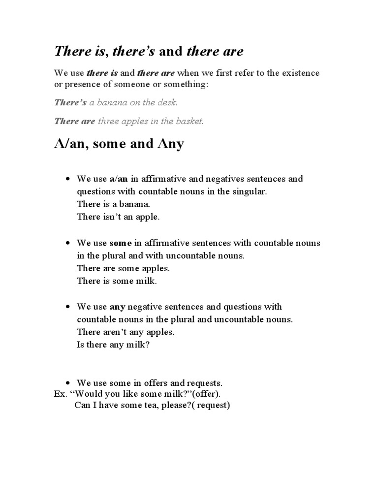 There Is, There's and There Are: A/an, Some and Any | PDF | Noun | Plural