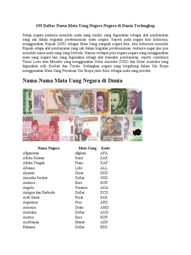 193 Daftar Nama Mata Uang Negara Negara Di Dunia Terlengkap | PDF