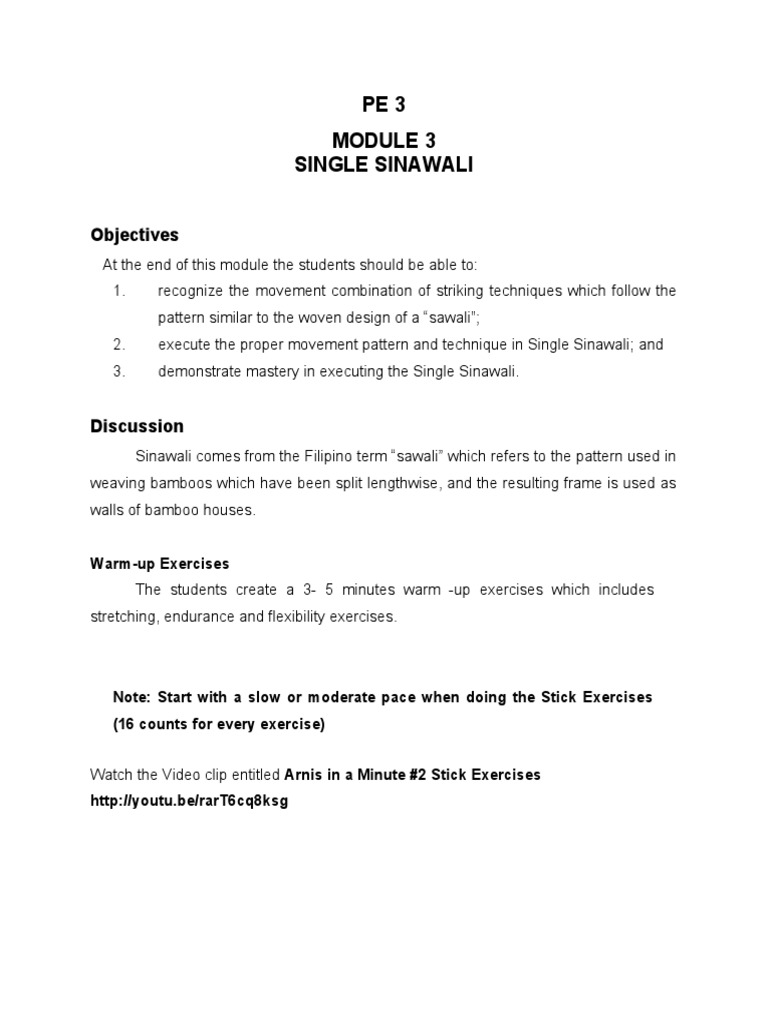 PE3 Module 3 Single Sinawali | PDF | Rubric (Academic)