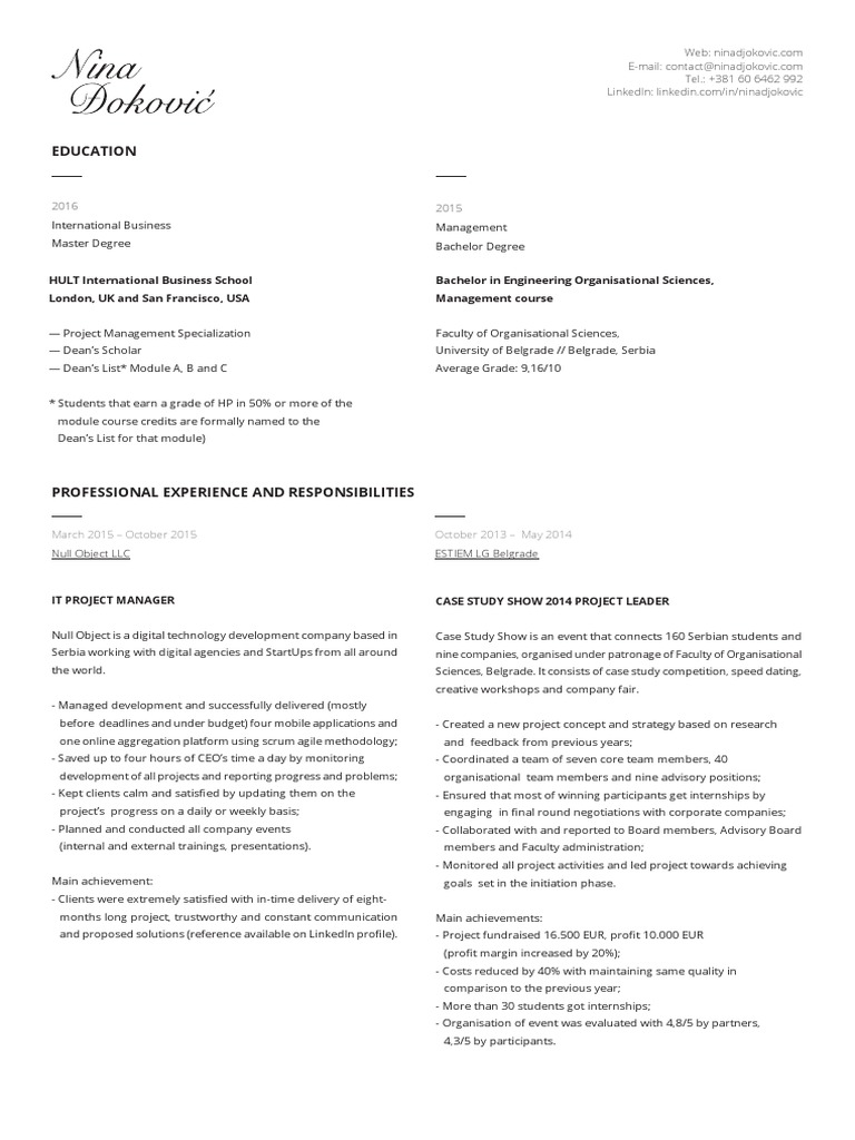 CV Nina Djokovic | PDF | Serbia | Linked In