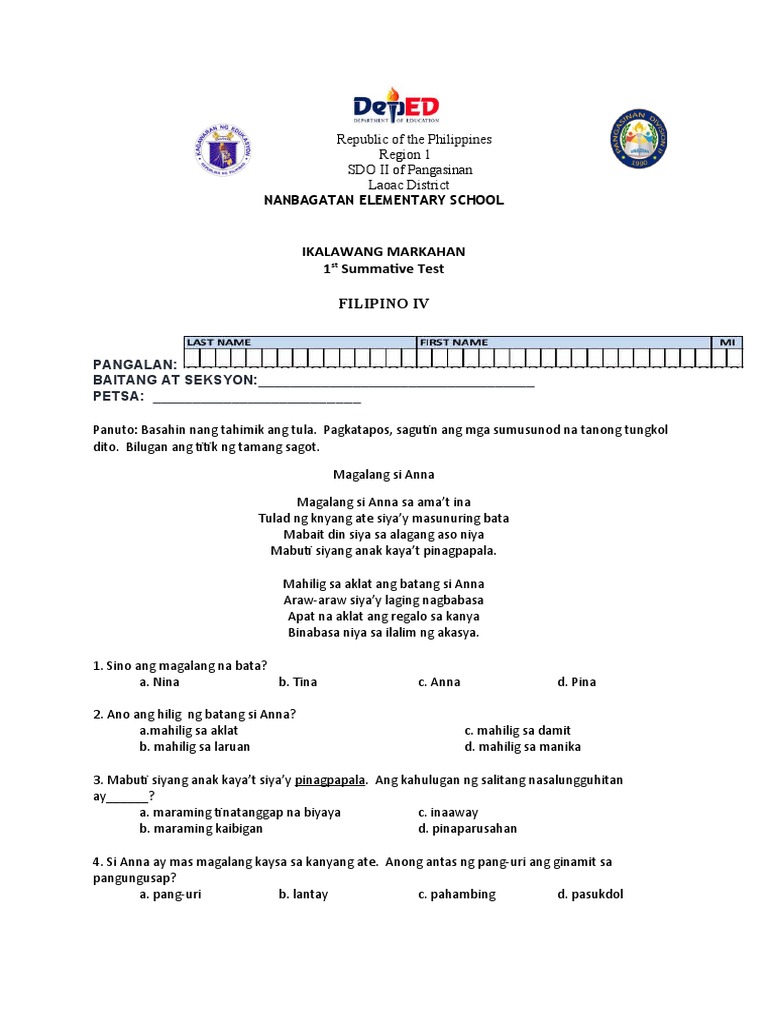 Second Quarter First Summative Test in Filipino IV | PDF