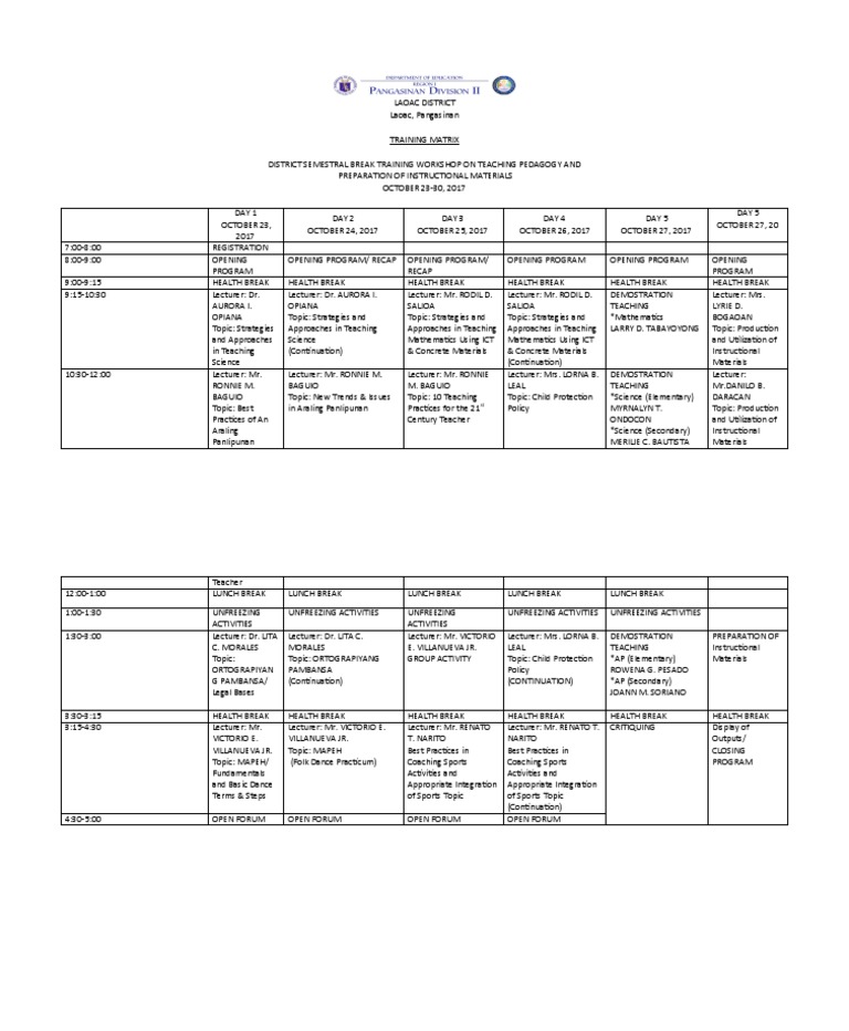 Training Matrix Semestral Break | PDF | Pedagogy | Communication