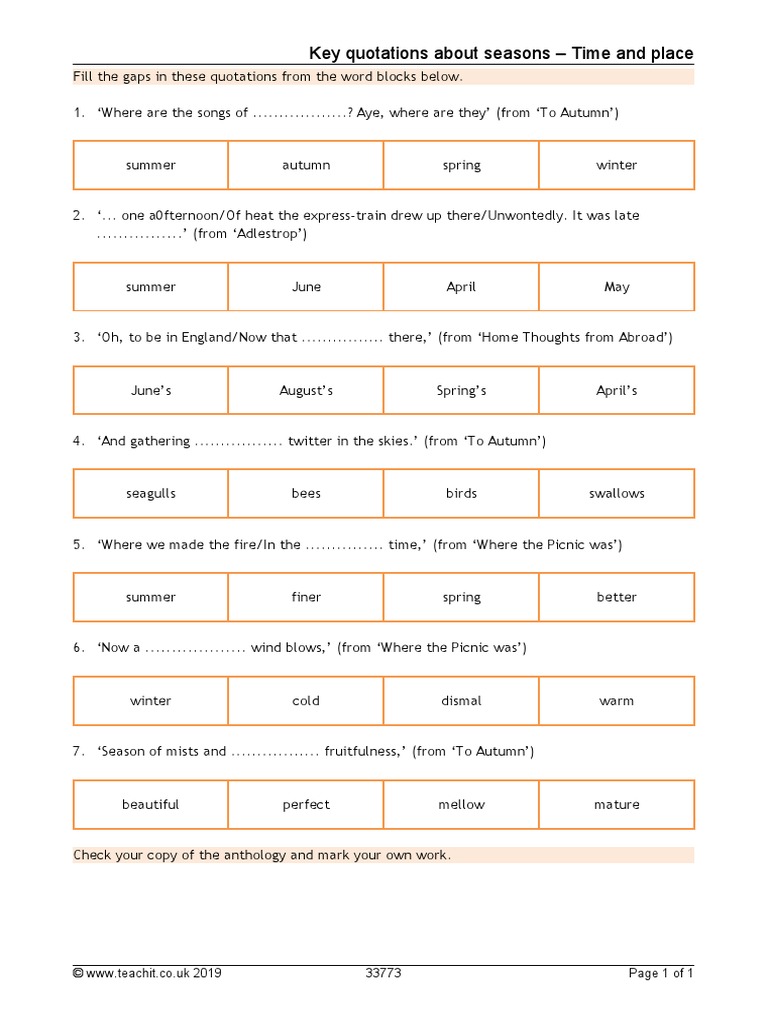 Key Quotations About Seasons - Time and Place: © WWW - Teachit.co - Uk ...