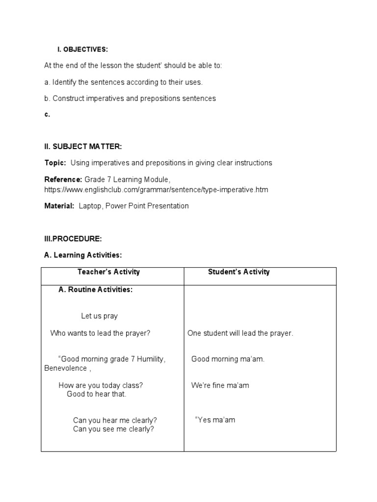 Ii. Subject Matter: Topic: Using Imperatives and Prepositions in Giving ...