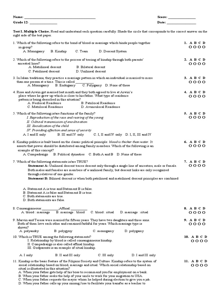 UCSP Pre-Test S.Y. 2020-21 | PDF | Economic System | Kinship
