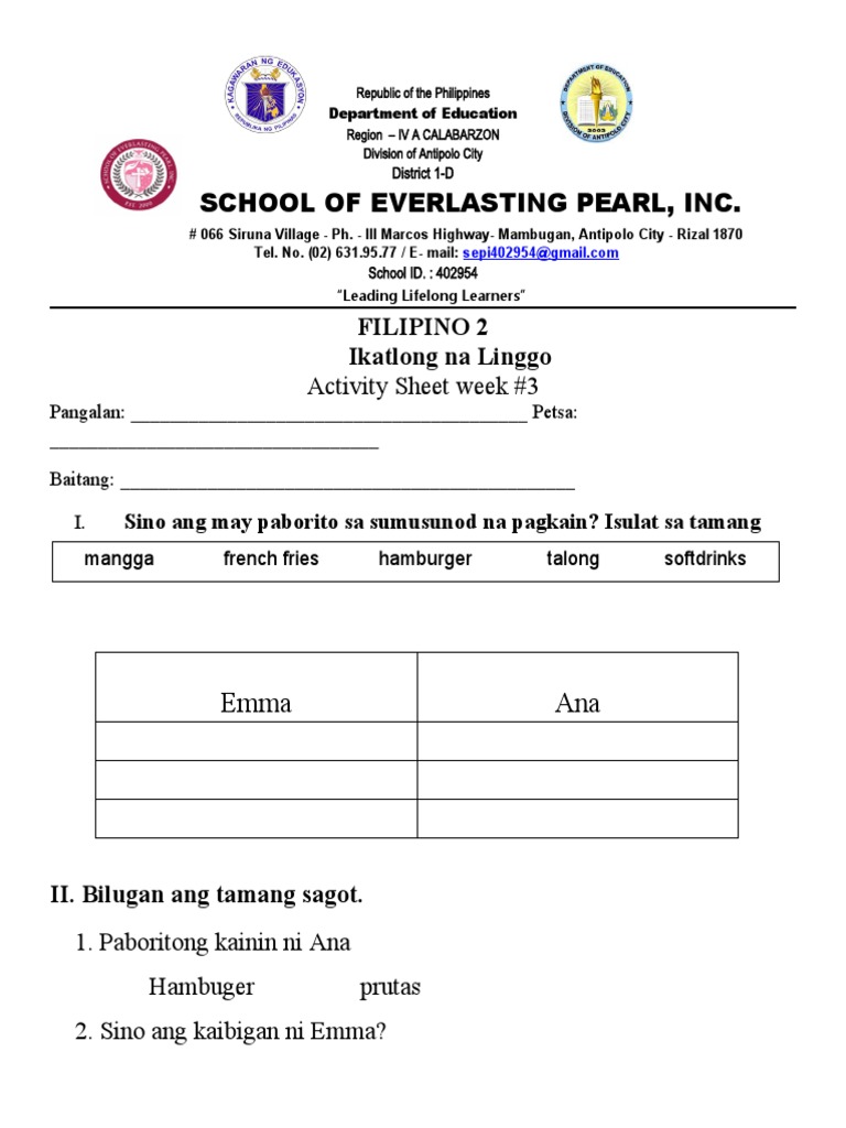 FILIPINO 2 - Activity Sheets - W3 | PDF