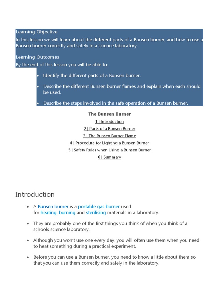 The Bunsen Burner Summary Sheet - Parts and Operation | PDF | Heat ...