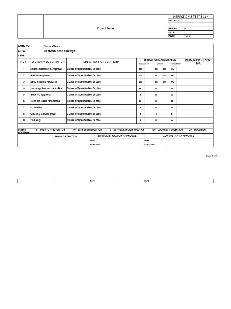 Inspection & Test Plan: Stone Works As Shown in The Drawings | PDF ...