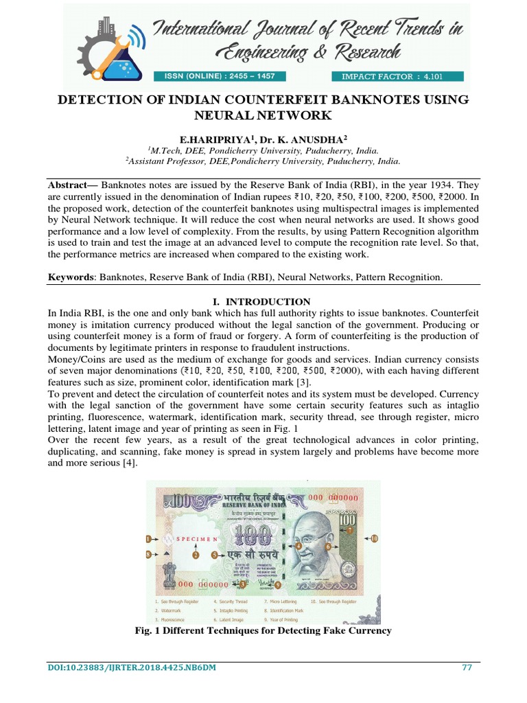 Detection of Indian Counterfeit Banknotes Using Neural Network PDF ...