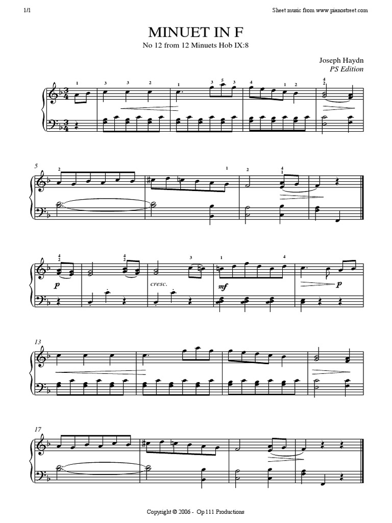 Minuet in F, No 12 From 12 Minuets Hob IX - 8, Joseph Haydn | PDF ...