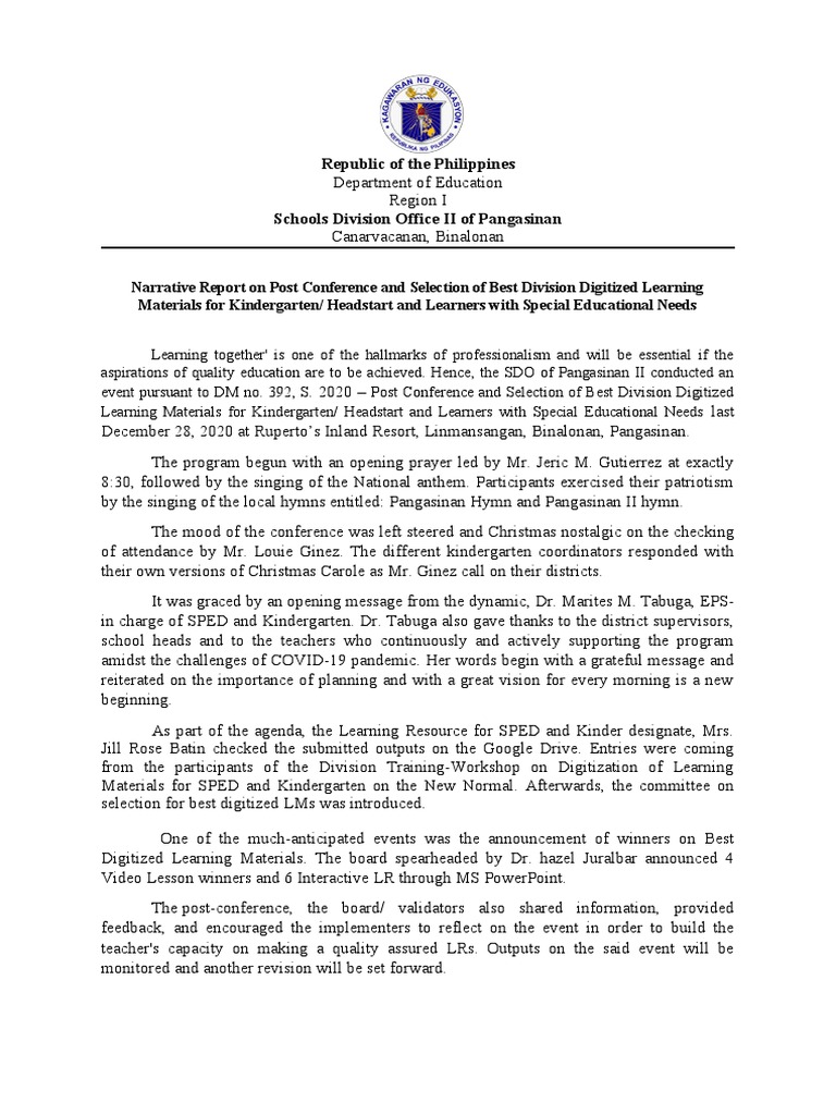 Narrative Report On Post Conference Digitized IMs | PDF | Pedagogy ...