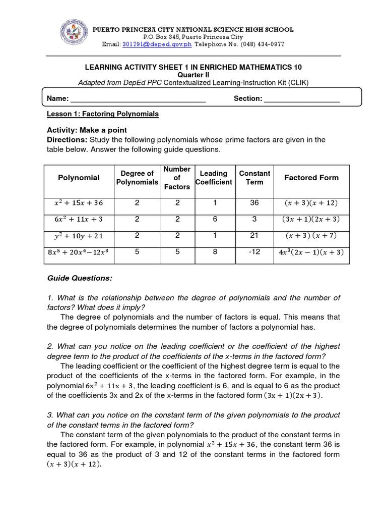 Grade 10 Activity Sheet 1 - Quarter II | PDF | Factorization | Polynomial