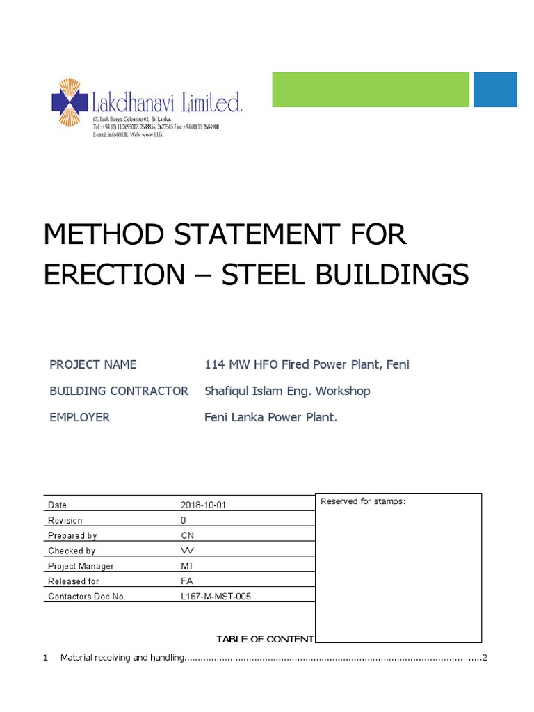 Method Statement For Erections - Steel Buildings | PDF | Screw | Roof