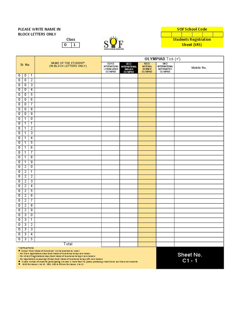Please Write Name in SOF School Code Block Letters Only Class Students ...