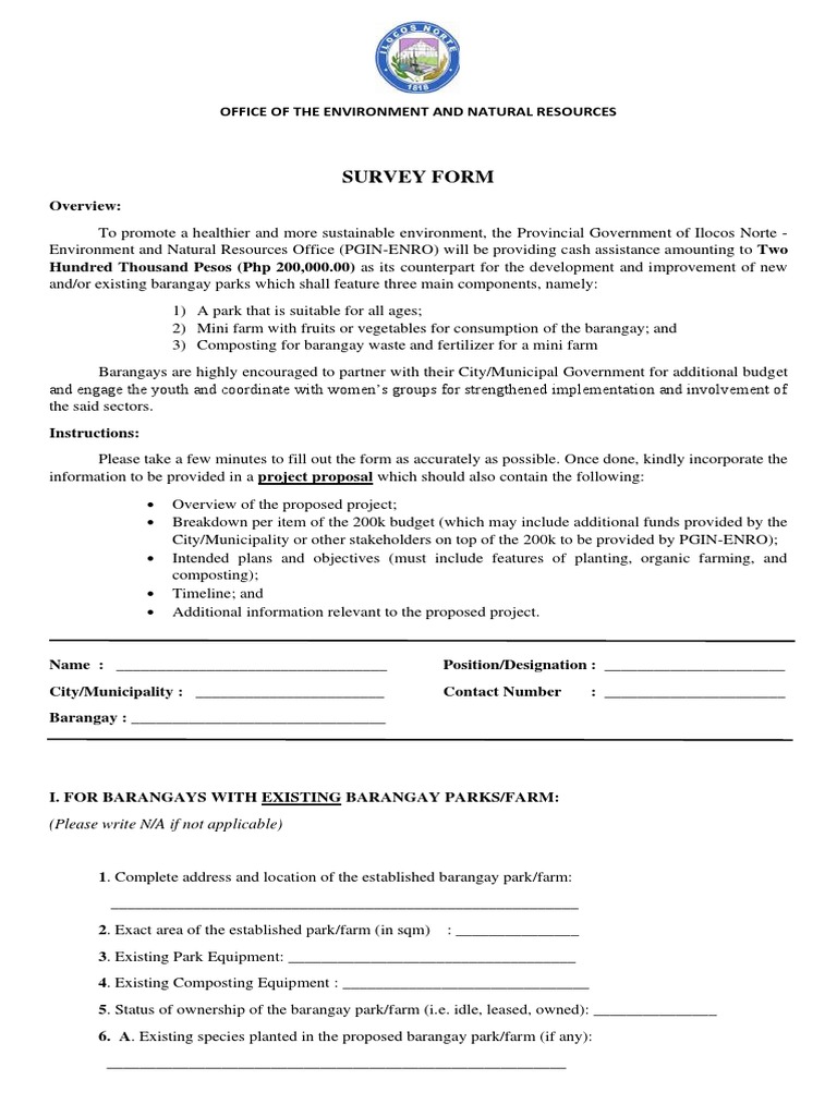 SURVEY FORM FOR BARANGAY PARK 17 Dec 2020 REVISED 4 | PDF | Natural ...