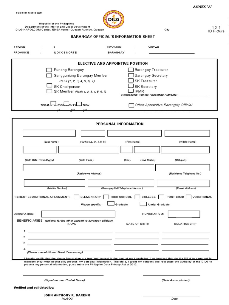 Barangay Official'S Information Sheet: Rank (1, 2, 3, 4, 5, 6, 7) | PDF ...