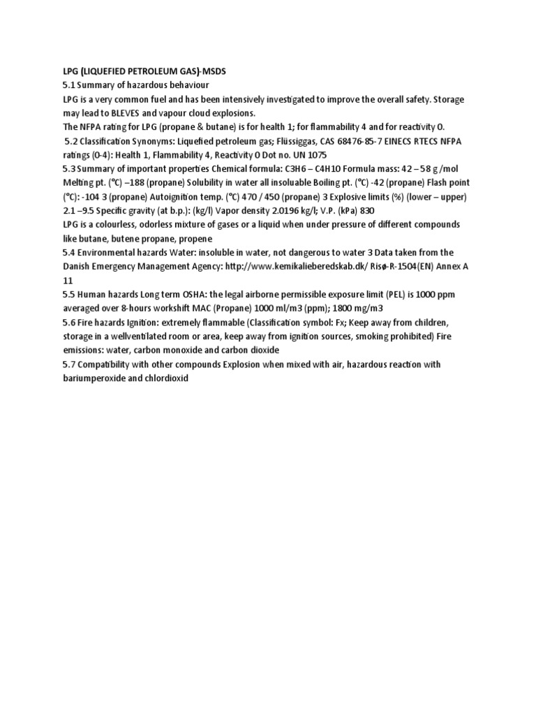 LPG (Liquefied Petroleum Gas) - Msds | PDF | Chlorine | Ammonia