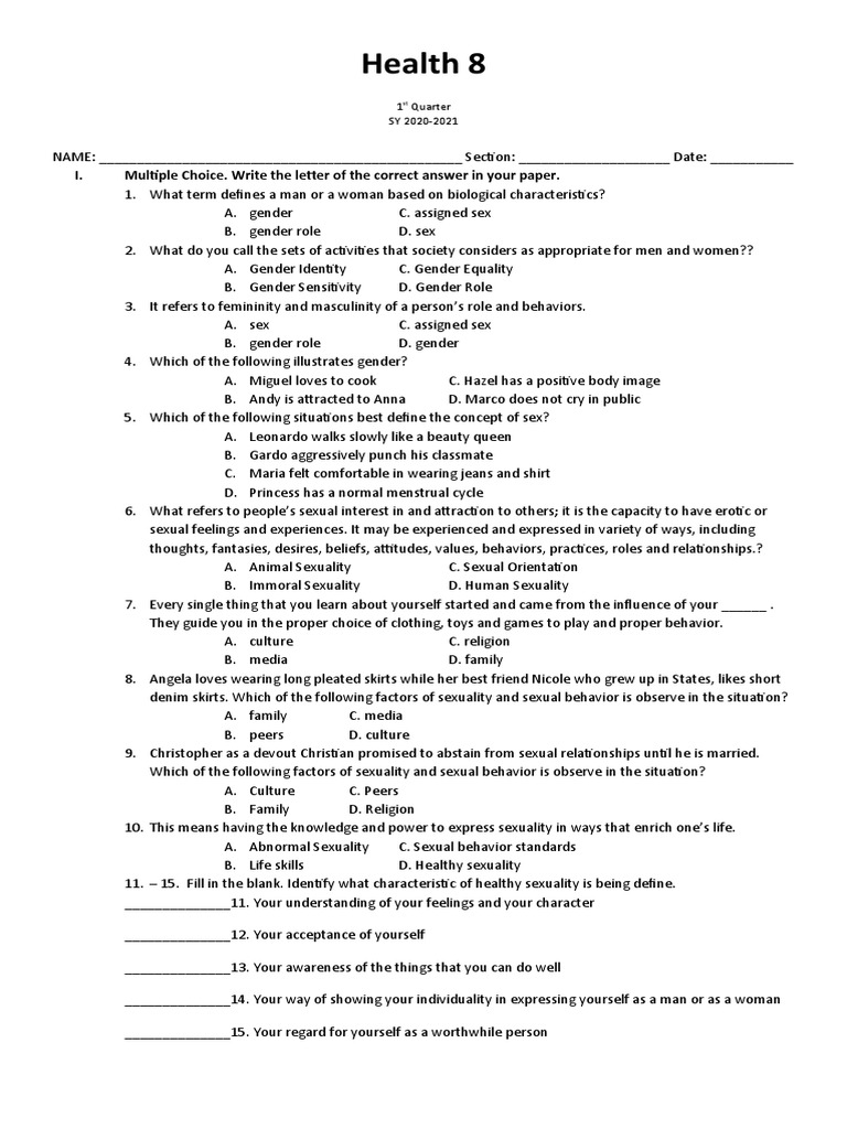 Health 8 q1 2020 2021 | PDF | Gender | Gender Studies